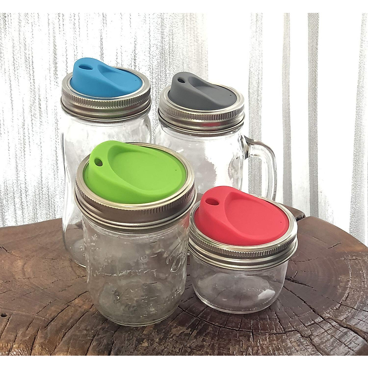 THINKCHANCES Reusable Food Grade and BPA Free Silicone Round Sip Coffee Juice Drinking Straw Lid Set with Stainless Steel Rings for Mason, Ball, Canning Jars, Pack of 4 Sets (Wide Mouth,Round Hole)