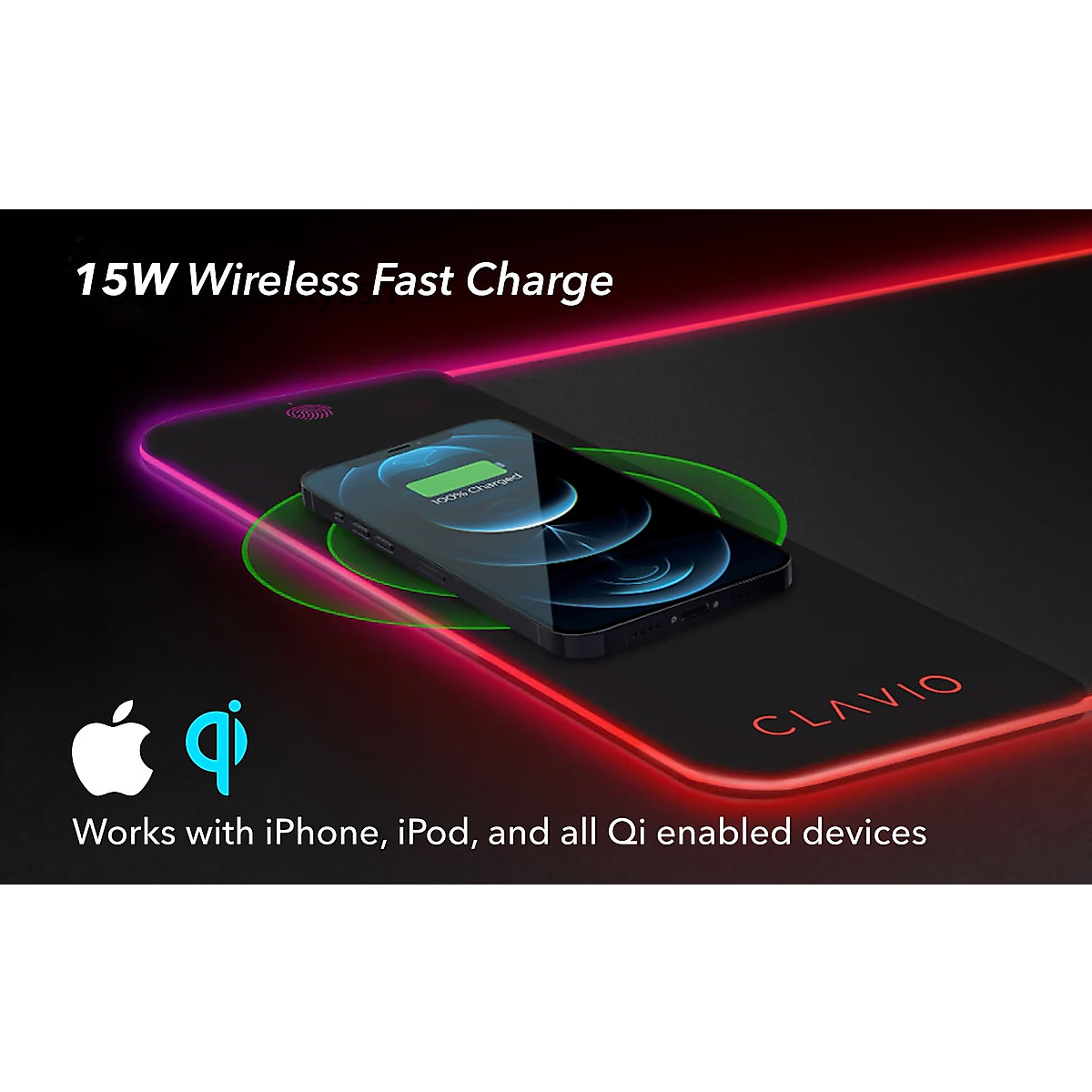 CLAVIO 15W Wireless Charging RGB Gaming Mouse Pad, LED Mouse Pad 31.5 x 12 inch Extra Large Mousepad Non-Slip Rubber Base, 10 Light Modes RGB Desk Mat for Gaming, MacBook, PC, Laptop, Desk
