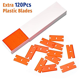 Plastic Razor Blade Scraper, 2 Pack Razor Scraper with 120 Pcs Razor Blades for Removing Glue, Sticker, Decals, Tint from Car Window and Glass(Blue)