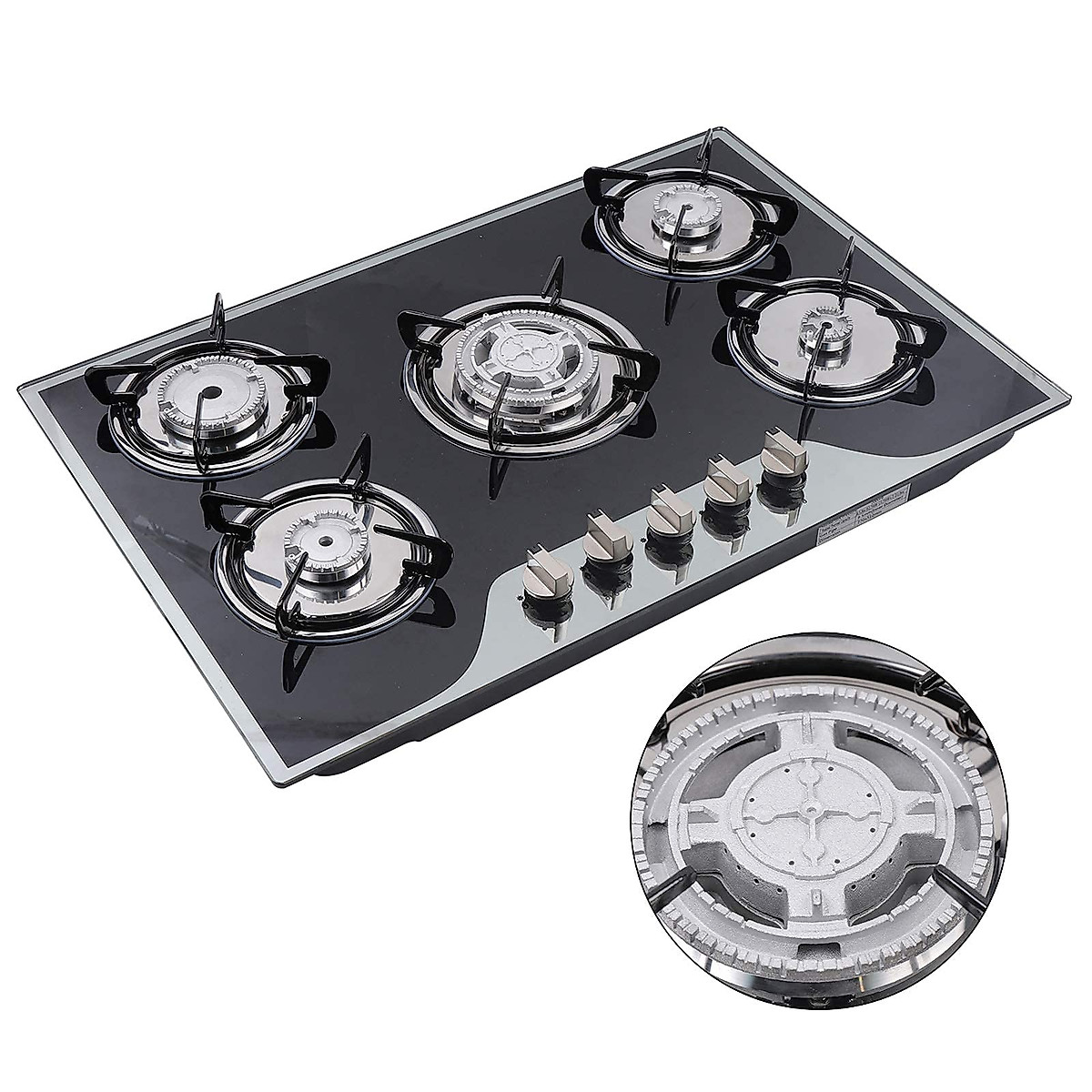 Gas Cooktop 30" Gas Cooktop 5 Burners Gas Stove Gas Hob Stovetop Tempered Glass Cooktop Cast Iron Grates Built-in Gas Stove Top Gas Cooktop Thermocouple Protection (Style 1)