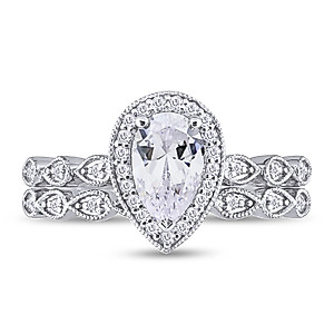 1 1/6 Carat Lab Created Moissanite Diamond Milgrain Pear Shaped Halo Engagement Wedding Ring Bridal Set for Womens 18K White Gold Plated 925 Sterling Silver (1.16 Cttw, G-H/VVS1) Jewelry Gift -8