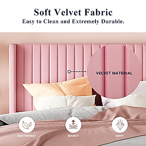 Allewie Full Size Velvet Bed Frame/Vertical Channel Tufted Wingback Headboard/Upholstered Platform Bed/Strong Wooden Slats/No Box Spring Needed/Easy Assembly/Pink