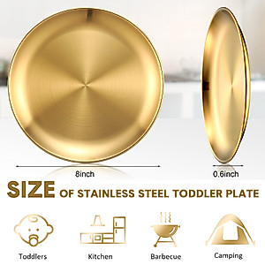 Honeydak 10 Pcs 18/8 Stainless Steel Plate 304 Stainless Steel Dishes 8 Inches Adult Plates Reusable Camping Plates Dishwasher Safe Feeding Serving Flat Plate Double Layers Round Dessert Plate (Gold)