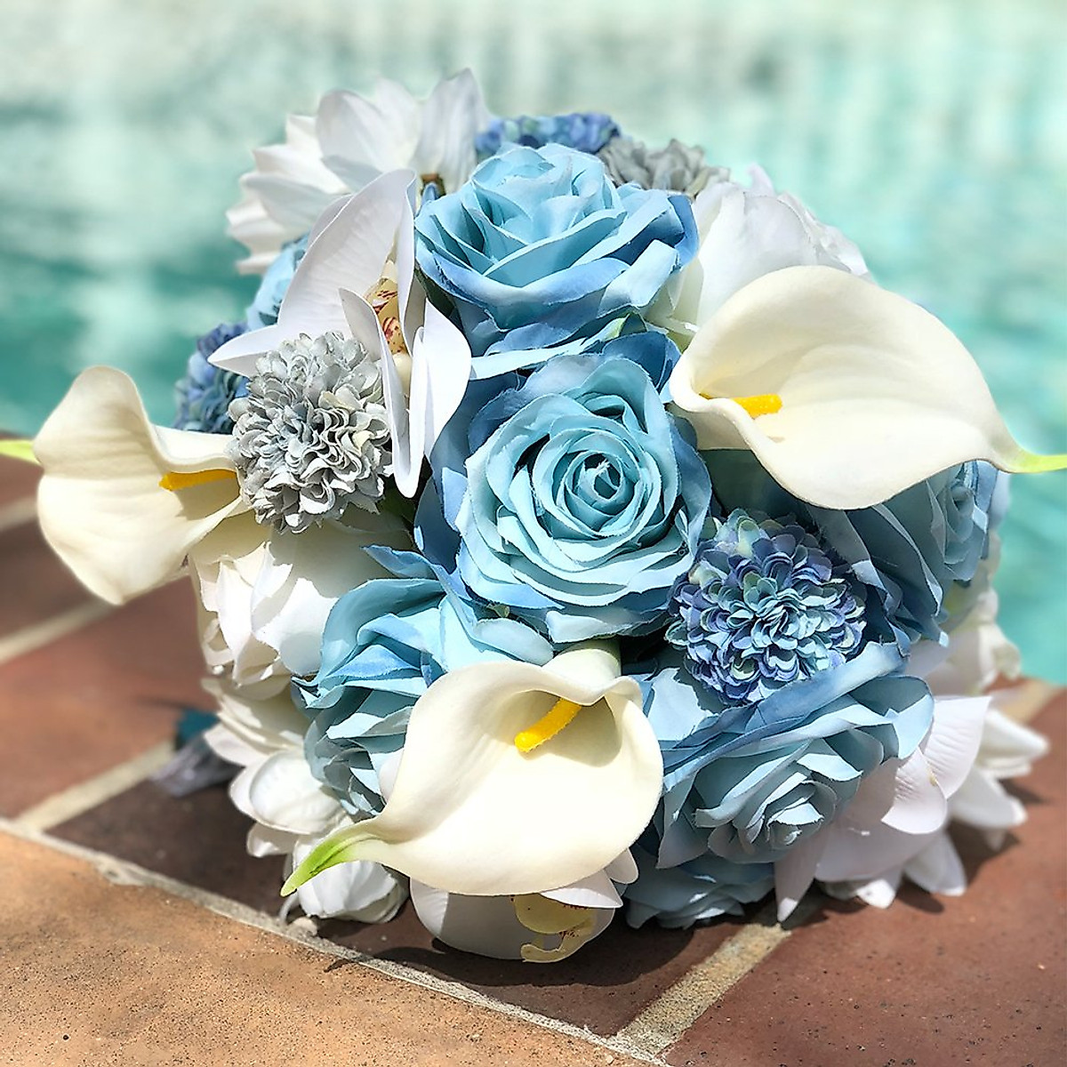 Abbie Home Real Touch Calla Lily Dahlia Bridal Bouquets Crystal Light Blue Ribbon Beach Wedding Rose Flowers Décor (B Round Bouquet)