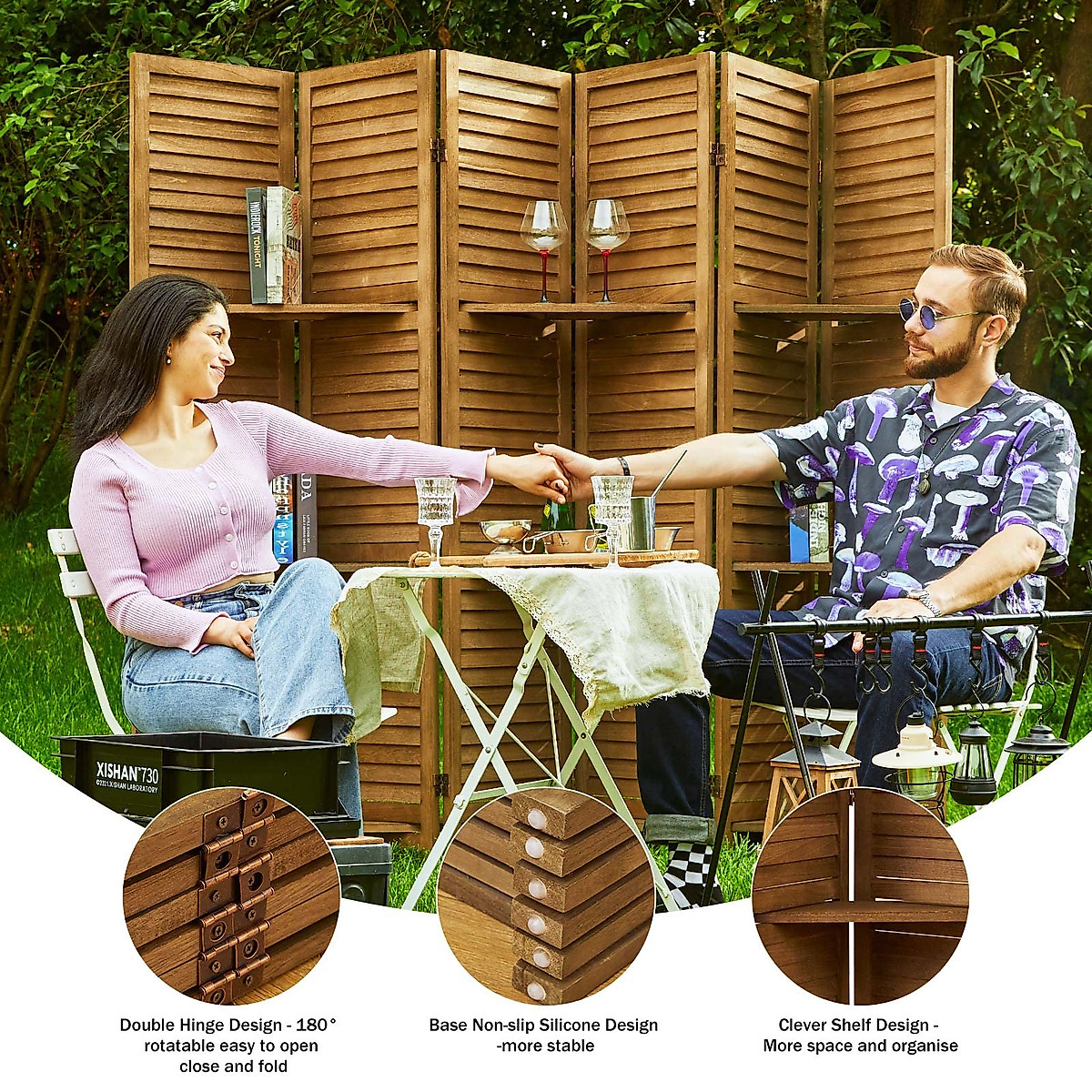 Partition Room Dividers, Folding Wood Privacy Screen with Three Display Shelves Suitable for Home Office, Study, Art Display - 6 Panel, 67 * 77inch (Brown)