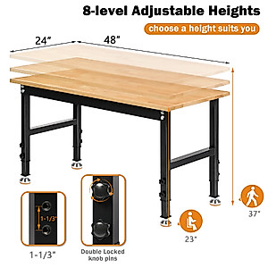 Betterhood 48" Heavy-Duty Adjustable Workbench for Garage, Rubber Wood Shop Table W/Rubber Pads, Hardwood Workstation Weight Capacity Over 2000 Lbs