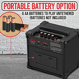 Pyle Portable Electric Guitar Amp, Battery or Wall Powered 10W Mini Amplifier with 5" High Definition Speaker, Distortion, Headphone Out, Carry Strap