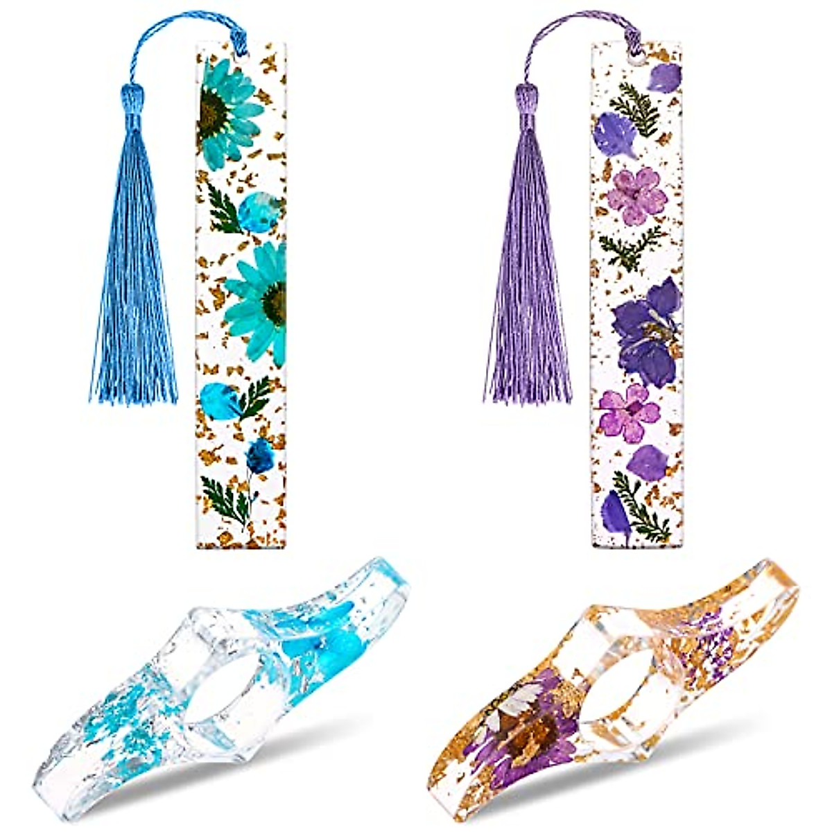 Kavoc 4 Pieces Flower Acrylic Bookmarks Book Page Holder Floral Bookmarks with Colorful Tassels Thumb Ring Page Holder Transparent Page Holders for Reading Students Teachers (Blue/Purple)