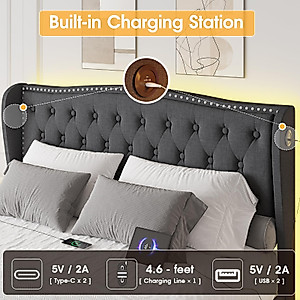 Vabches Queen Bed Frame with 4 Storage Drawers and Wingback Headboard, Upholstered Platform Bed Frame with LED Light & 2 Charging Station, Button Tufted and Rivet, No Box Spring Needed, Dark Grey