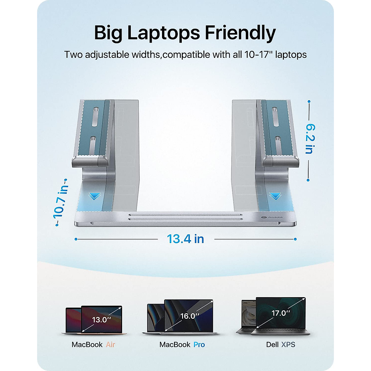 andobil Portable Laptop Stand, [Cooling & Neck Friendly] Solid Ergonomic Ajustable Laptop Desk Stand Compatible with 16 inch MacBook Pro, Air, All Lap Top 10-17.3 inch, Silver