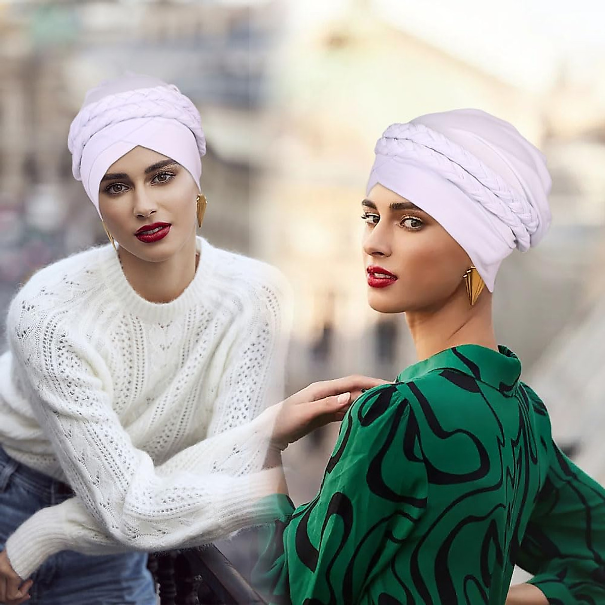 African Women Turban Caps Beanie Twist Headscarf Pre Tied Double Braid Headwrap Hat (White)