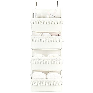 Dahey Over The Door Organizer Boho Nursery Storage Decor Closet Hanging Organizer with Tassels Decoration for Bedroom Nursery Bathroom Apartments Dorm Pantry, 4 Pockets, White and Grey