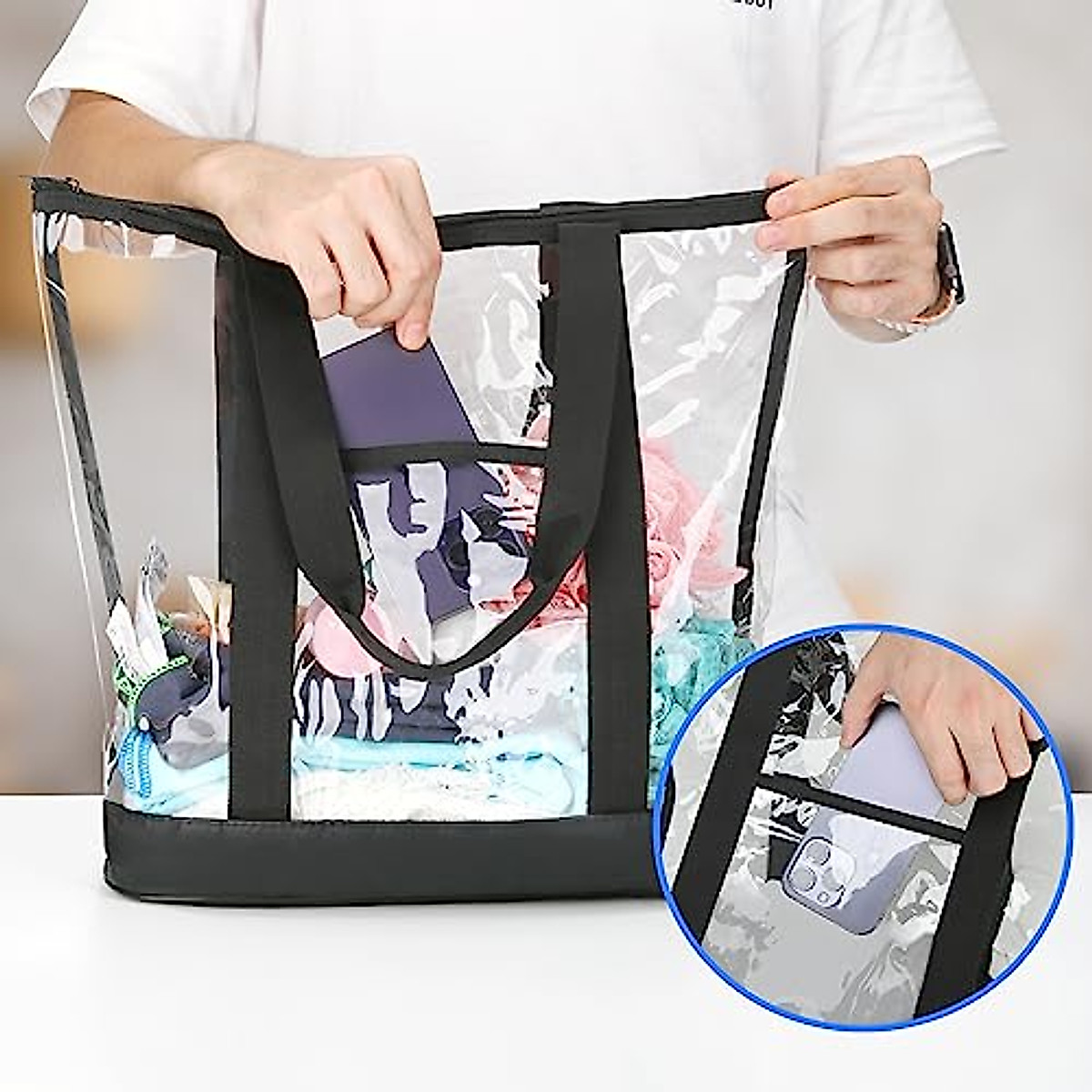 HAOGUAGUA Extra Large Clear Cosmetic Toiletry Bag, Large Clear Makeup Bag, Waterproof Transparent Plastic PVC Tote Shoulder Bag with Handles (BLACK)