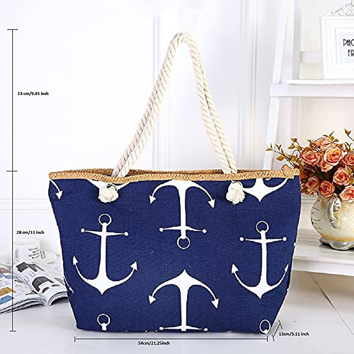 Large Canvas Tote Bag for Women,bolso shopper de lona Beach Tote Bags,Top Zip Tote with Inner Pocket for Travel,Working,Shopping, Blue, One Size