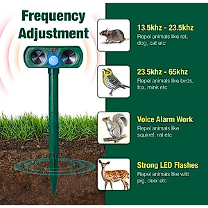 Solar Animal Repeller, 2 Pack Ultrasonic Animal Repeller Outdoor, Animal Deterrent Devices Repel Squirrel, Raccoon, Skunk, Fox, Deer, Waterproof with Motion Detector (Green)