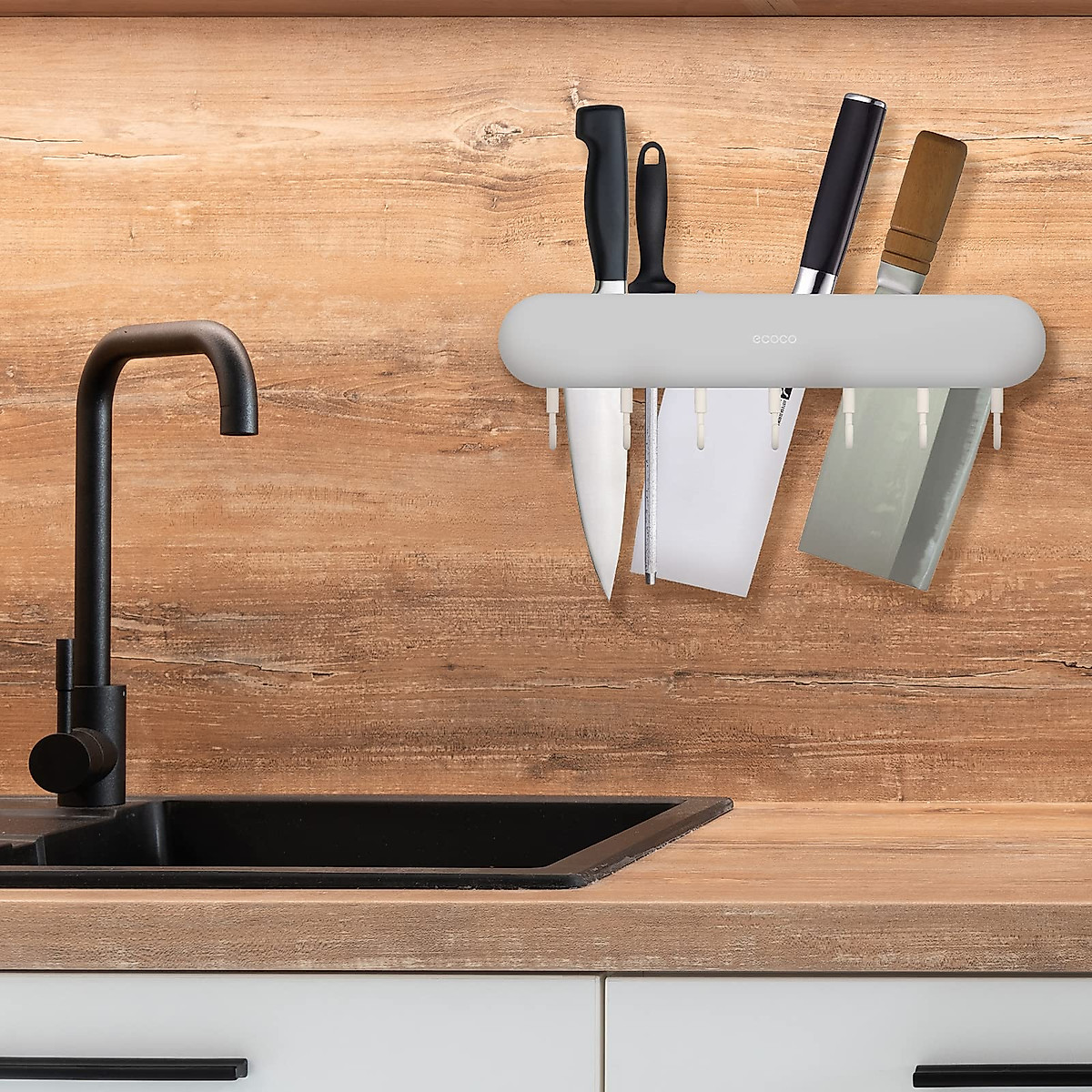 hancook Adhesive Knife Holder with 3 Slots for Knives Easy Cleaning Wall-Mounted Kitchen Knife Block 7 Hooks for Utensils