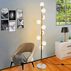 beaysyty Modern Simplicity Floor Lamp for Office Cafe Den Living Room Bedroom, On/Off Foot Switch, White Glass Ball Lampshade and Golden Metal Lamp Body - 9 Bulbs Included