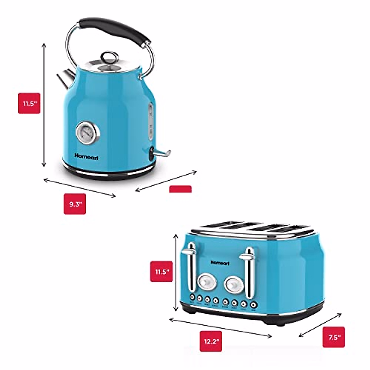 Homeart Chelsea Collection - Cordless Kettle With Temperature Gauge and 4-Slice Toaster with Adjustable Browning Control - Stainless Steel Retro Design, Turquoise