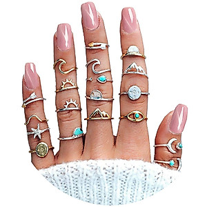 CSIYANJRY99 19Pcs Boho Retro Stackable Rings Sets for Women,Peak Sea Wave Compass Turquoise Knuckle Finger Rings