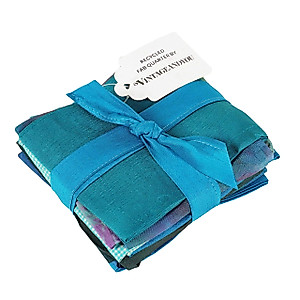 VintageandYou 12 Pieces Reclaimed Sari Silk Fat Quarter Fabric Bundle DIY Sewing Craft, 18 x 22 Inches- Sea Blue