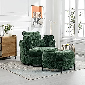 360° Swivel Accent Barrel Chair and Half Crescent Moon Storage Bench Large Ottoman with 4 Pillows,Upholstered Oversized Leisure Round Loveseat Recliner Sofa Chaise Lounge Circle Armchair for Club