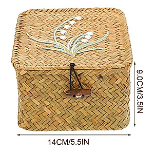 Zerodeko Seagrass Woven Storage Bin with Lid, Wicker Storage Basket Flat Rattan Storage Bin Handwoven Sundries Storage Box Square Lidded Box Closet Wardrobe Organizer
