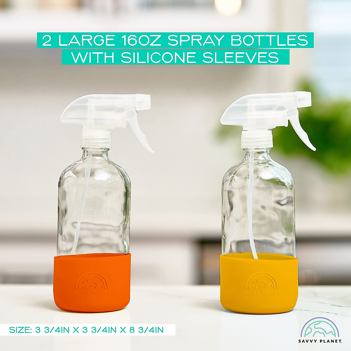 SAVVY PLANET Empty Clear Glass Spray Bottles with Silicone Sleeve Protection - Refillable 16 oz Containers for Cleaning Solutions, Essential Oils - Quality Sprayer - 2 Pack (White & Gray)