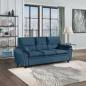 KEVINSPACE 83.26" 3 Seater Sofa Velvet for Living Room,Tufted Upholstered Couch with Wider Arms and Nailhead for Bedroom, Office, Apartment Blue