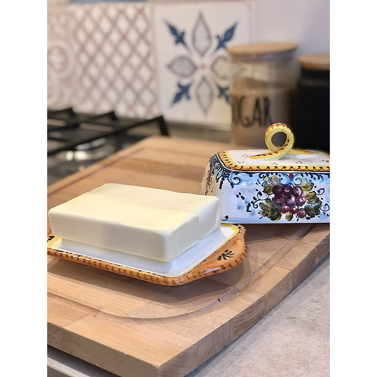 CERAMICHE D'ARTE PARRINI- Italian Ceramic Butter Dish Hand Painted Decorated Grape Made in ITALY Tuscan Art Pottery