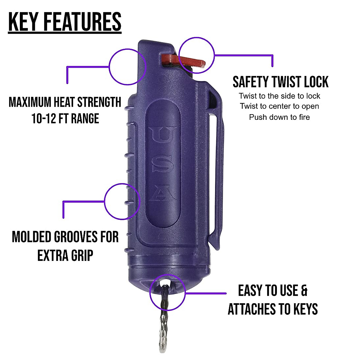 Police Magnum Keychain Pepper Spray Self Defense Belt Clips- Law Enforcement Strength OC- Safety Key Chains for Women & Men- Made in The USA-2 Pack Purple INJ