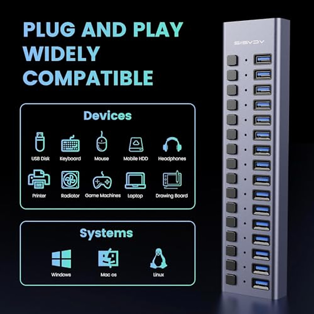 90W Powered USB Hub - ACASIS 16 Ports USB 3.0 Data Port, Aluminum Housing, Individual On/Off Switches, 12V/7.5A Power Adapter, USB Charging Hub/USB Splitter for Laptop, PC, Computer, Printer