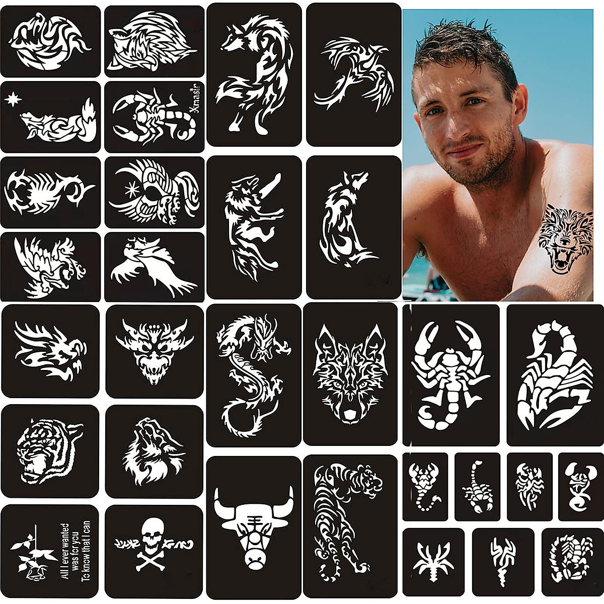 Henna Tattoos Stencils 10 Sheet Large Size Temporary Tattoo Templates Henna Stencil Reusable Body Tattoo Stencils for Men Boys Adult Teens