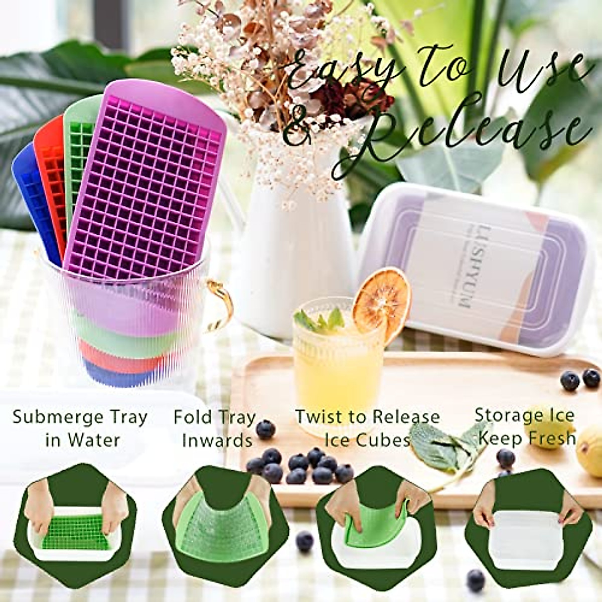 Mini Ice Cube Trays Silicone With Bin for Freezer, 4 Pack 640 Chewy Small Ice 6PCS Set, Tiny Crushed Ice Maker Molds for Chilling Coffee Juice Cocktail Whisky Boba, With Storage Box & Ice Scoop