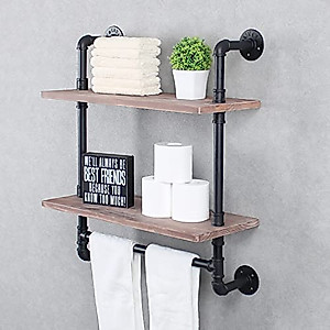 OUBITO Rustic Floating Shelf,Industrial Pipe Shelving,24inch Bathroom Shelves Wall Mounted with Towel bar,Metal Wall Shelf,2 Tier Towel Rack,Floating Shelves,Black