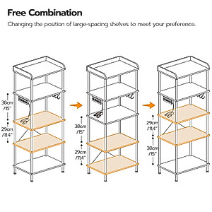 HOOBRO Kitchen Bakers Rack with Power Outlet, 5-Tier Free Standing Kitchen Storage Shelf Rack, Microwave Stand with 4 S-Shaped Hooks, Rustic Brown and Black BF55UHB01