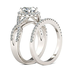 Jeulia Twist Halo Round Cut Sterling Silver Ring Set Cubic Zirconia CZ Eternity Engagement Anniversary Wedding Band Ring for Women with Gift Box (Silver, 9.5)