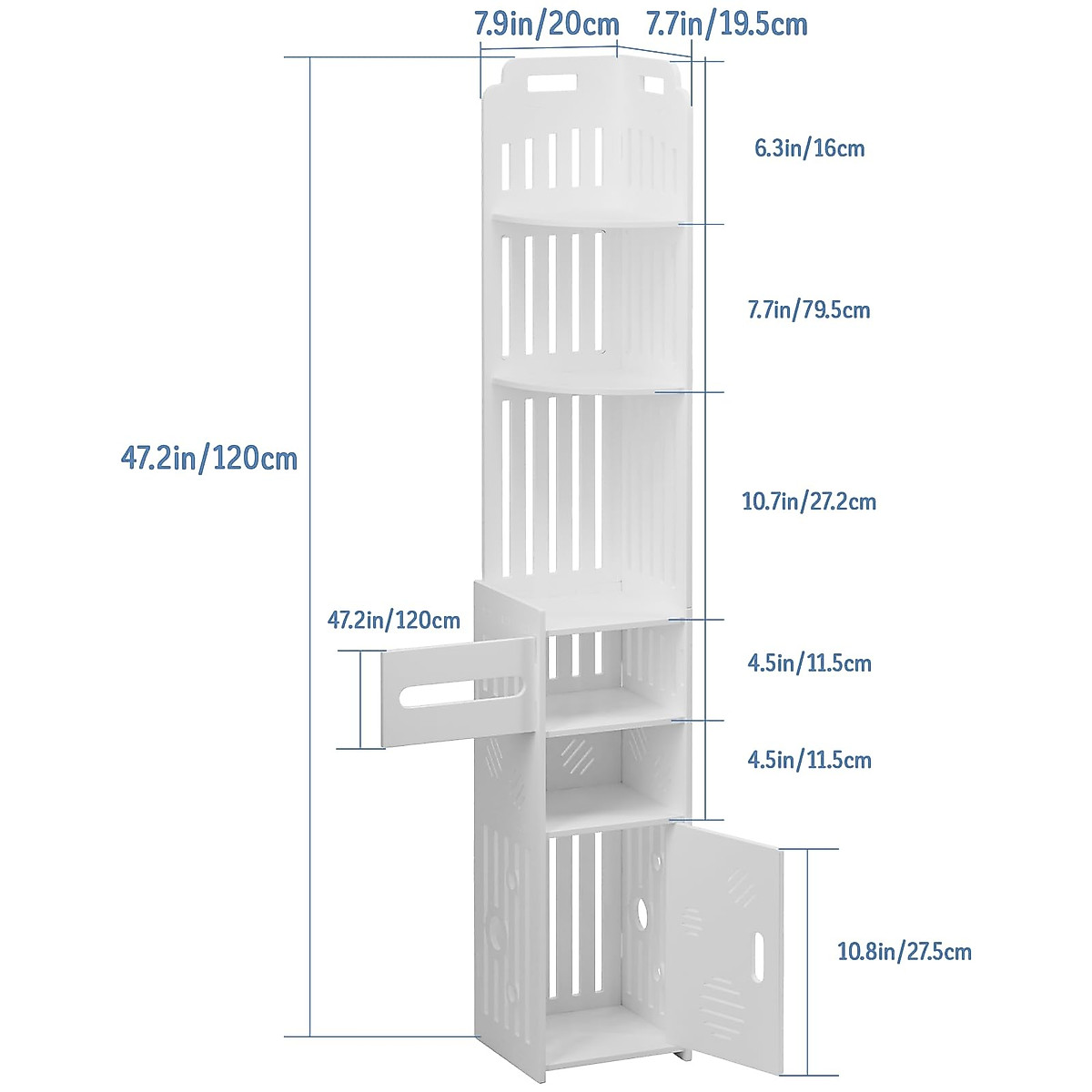 cadciehe Bathroom Cabinet, Small Bathroom Storage Cabinet, Over The Toilet Storage Cabinet for Skinny Bathroom Corner Floor, Narrow Bathroom Cabinet with Paper Dispenser, Trash Can & Shelves White