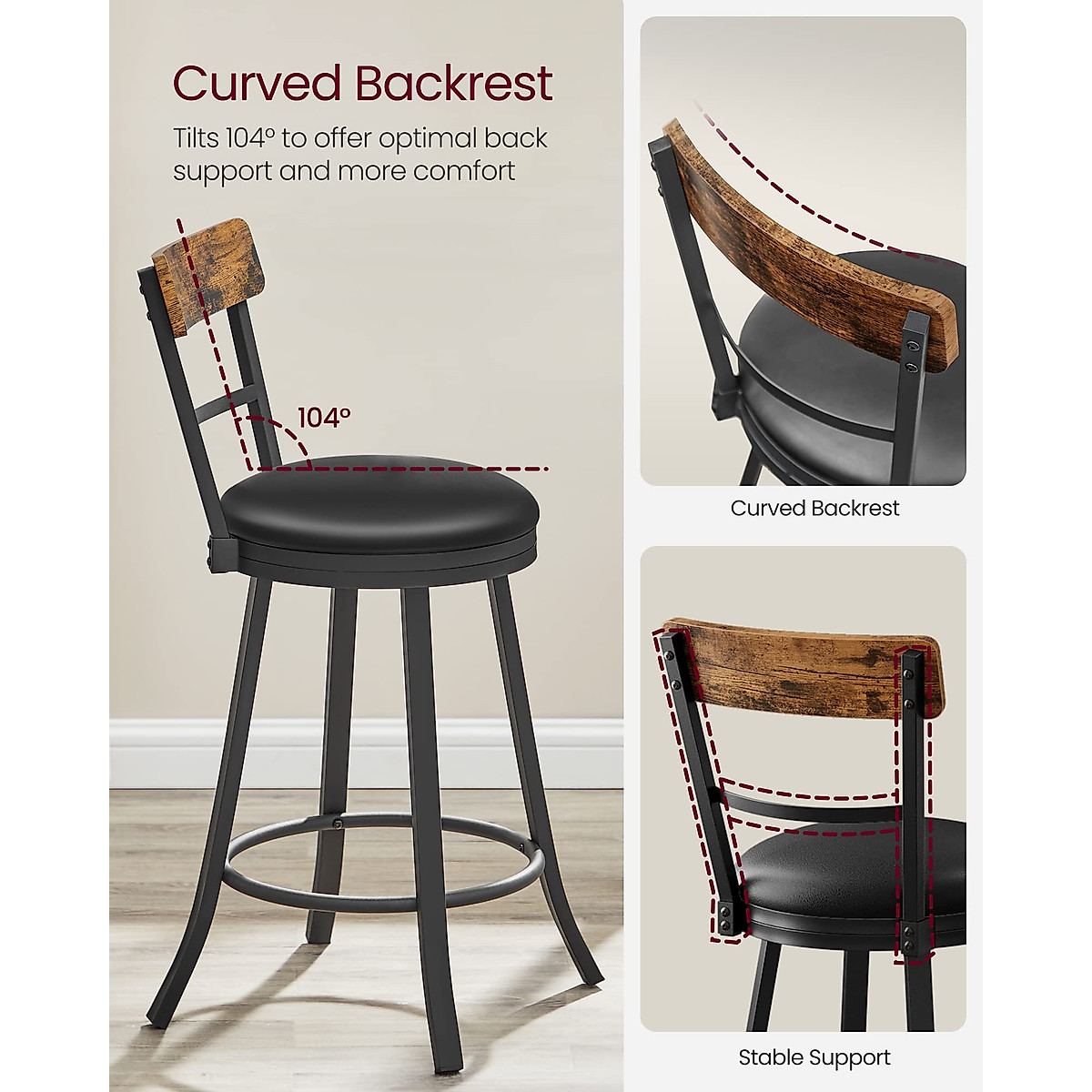 VASAGLE Bar Stool, Swivel Bar Stool, Bar Chair with Back, Metal Steel Frame, 25.8-Inch Cushioned Seat, Footrest, Easy Assembly, Industrial Style for Kitchen Island, Black and Rustic Brown