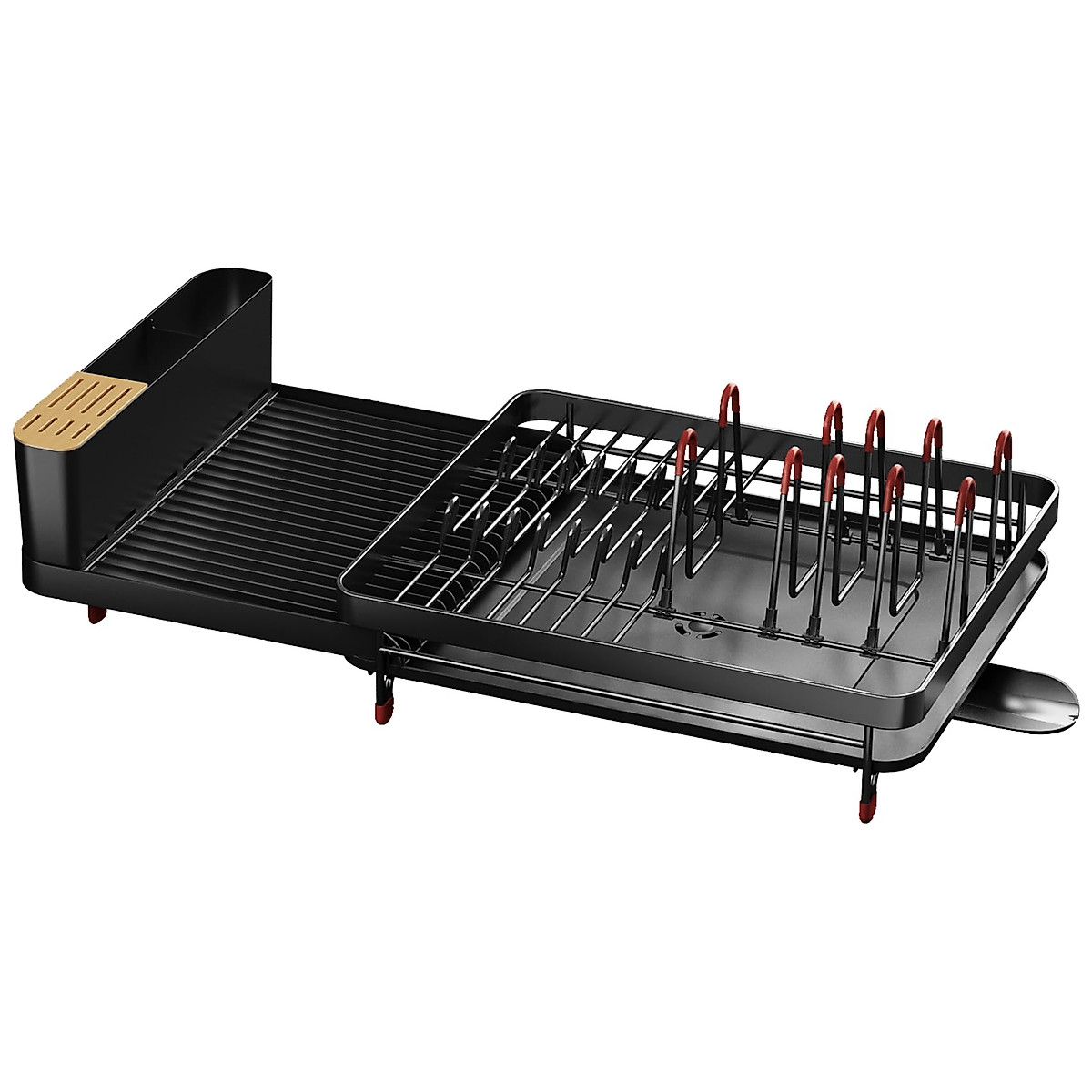 Dish Drying Rack, Auto-Drain Expandable(19.1"-26.9") Kitchen Counter Dish Drainers Rack, Stainless Steel Large Strainers Drying Rack with Drainboard Pan Holder Utensil Holder Caddy Organizer, Black