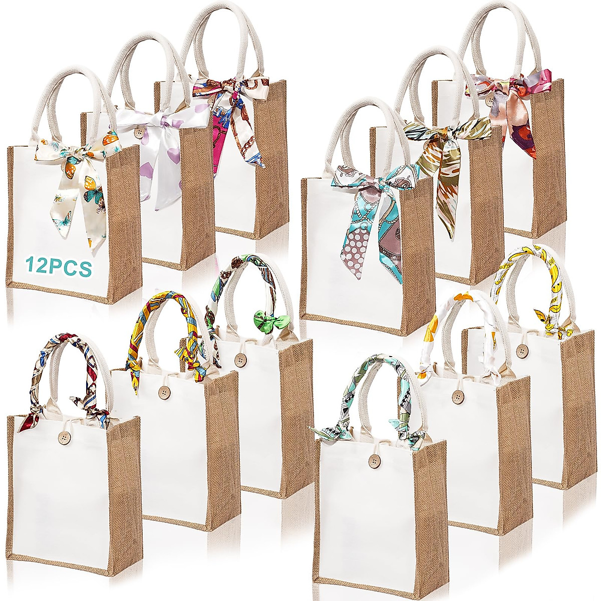 VeyFolzin.st Jute Burlap Totes Bags, Reusable Waterproof Tote Shopping Bag Blank DIY Canvas Gift Bag with Button & Ribbons (B)