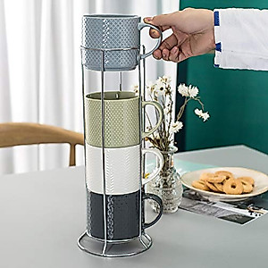 Hasense Stackable Porcelain Coffee Mugs Set of 4 with Metal Stand, 15 Ounce Embossed Cappuccino Cups for Specialty Coffee Drinks and Tea, Multi Color