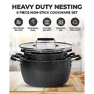 Granitestone 6 Pc Stackable Pot Set, Nesting Non Stick Pots with Lids, Cooking Pots Set, Stock Pot Set with 1.5/3 / 5 Qt Pots with Lids, Induction Cookware, Dishwasher Safe, Non Toxic - Black