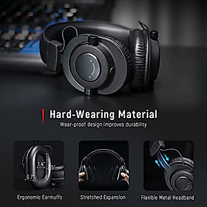 FIFINE Studio Monitor Headphones for Recording-Over Ear Wired Headphones for Podcast Monitoring, Streaming Comfortable Equipment with Detachable Cables 3.5mm or 6.35mm Jack, Black, on PC/Mixer-H8