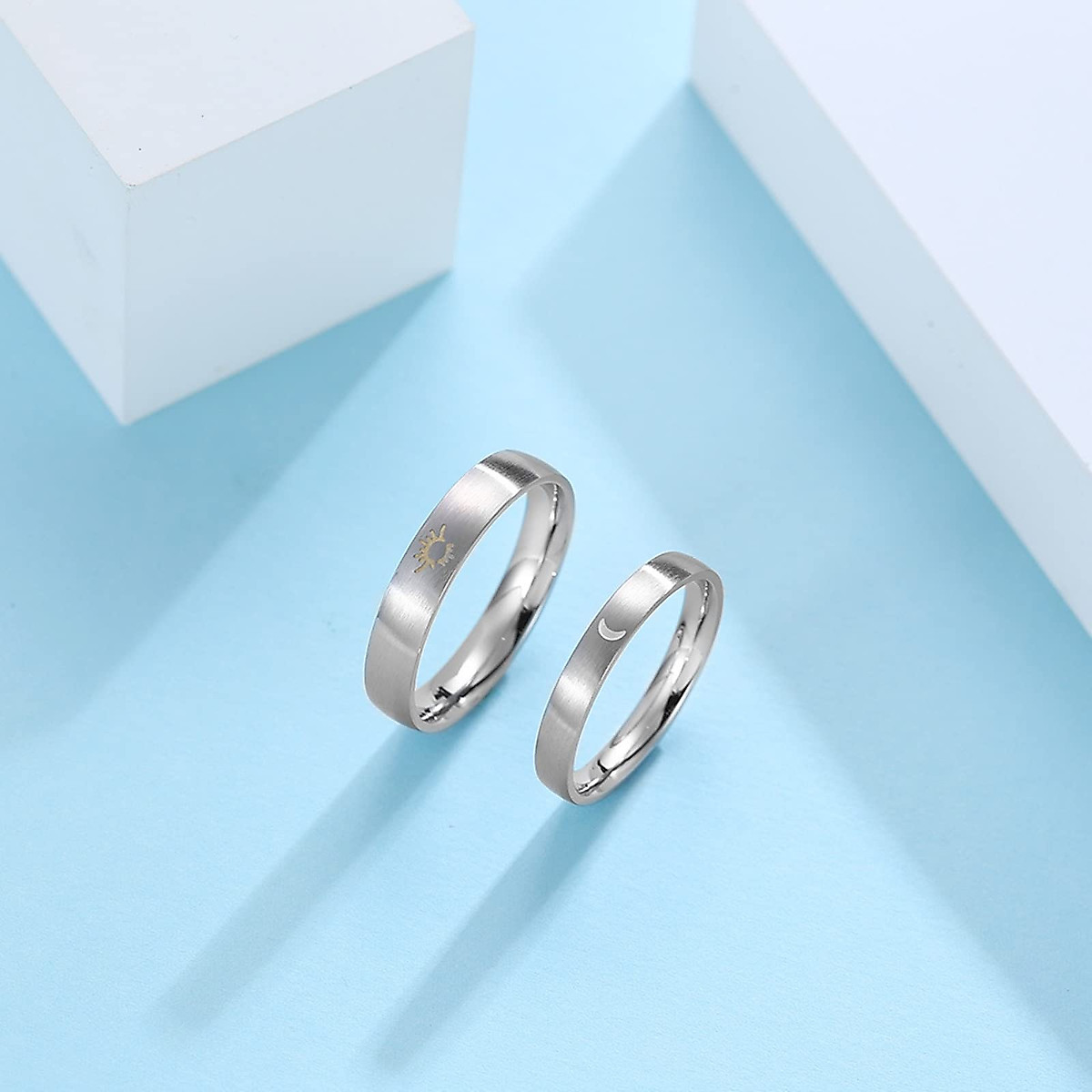 Epinki 4MM Promise Ring for Woman, Silver Sun Moon Glow in Dark Wedding Engagement Bands for Women, Stainless Steel Ring Size 9