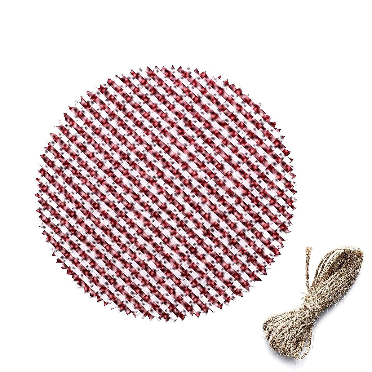 Efavormart 6 Pack | 6" Red/White Checkered Jam Jar Covers, Gingham Polyester Fabric Mason Jar Covers with Jute String - Scalloped Edge