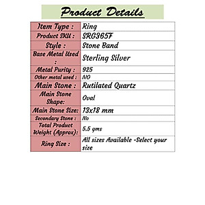 Rutilated Quartz Gemstone Silver Band Ring Solid 925 Sterling Silver Ring Handmade for Women by Goyal Exports SRG365F (US-9)