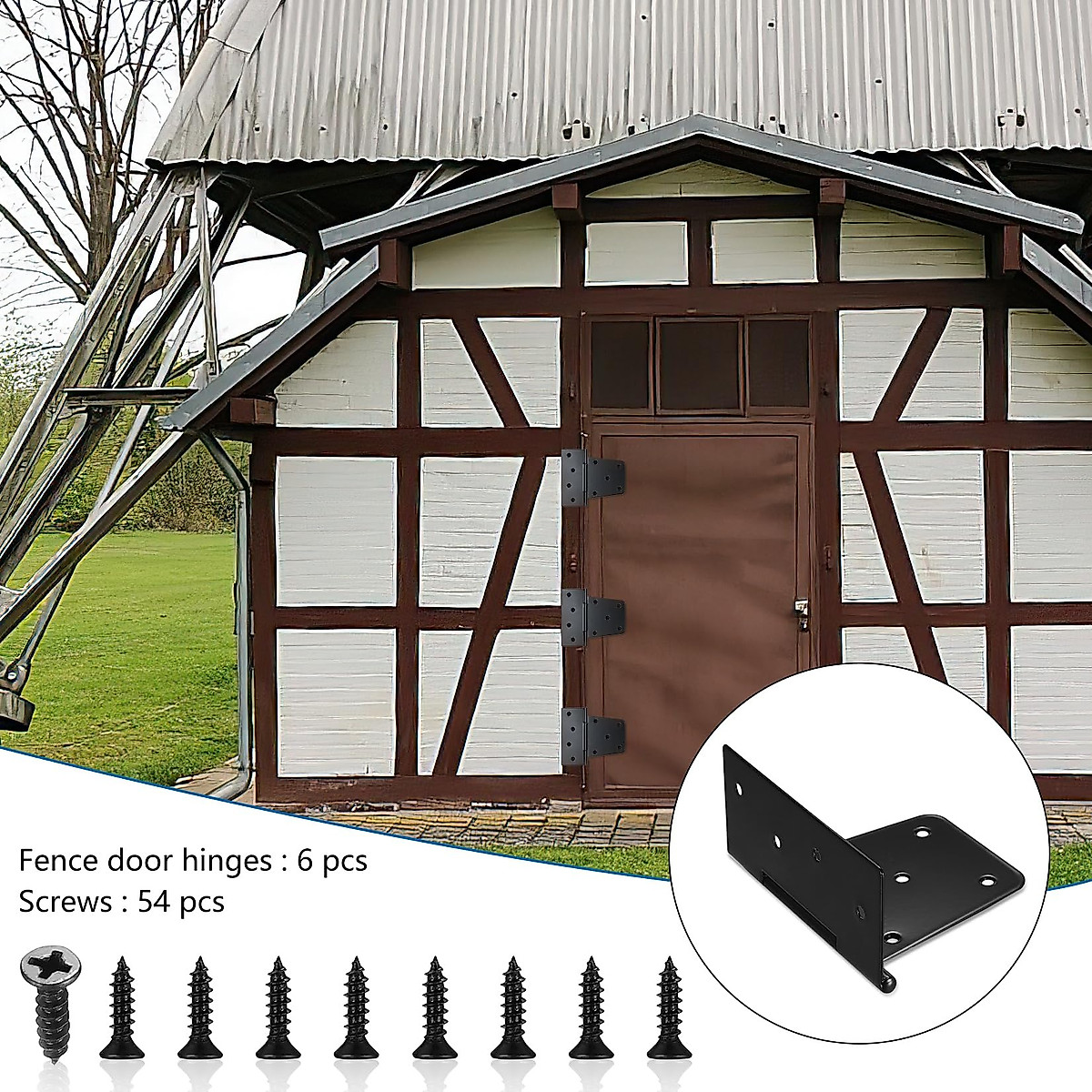 Heavy Duty Gate Hinges for Wooden Fences, 6 Pcs Fence Hinges, Black Shed Hinges, Iron Metal Barn Door Gates Hinges for Wood Shed Barn Door Wood Fence Gate Swing Door Hinges, with 54 Screws
