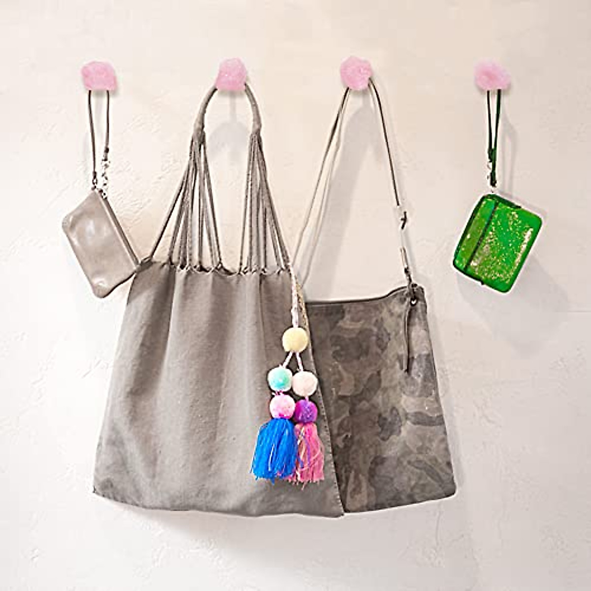 Cozy Tower 4 Pcs Rose Quartz Wall Hooks Decorative, Hat Bag Hooks for Wall Gold Brass Hooks for Hanging Purse Crystal Curtain Tieback Hooks for Wall, Pink