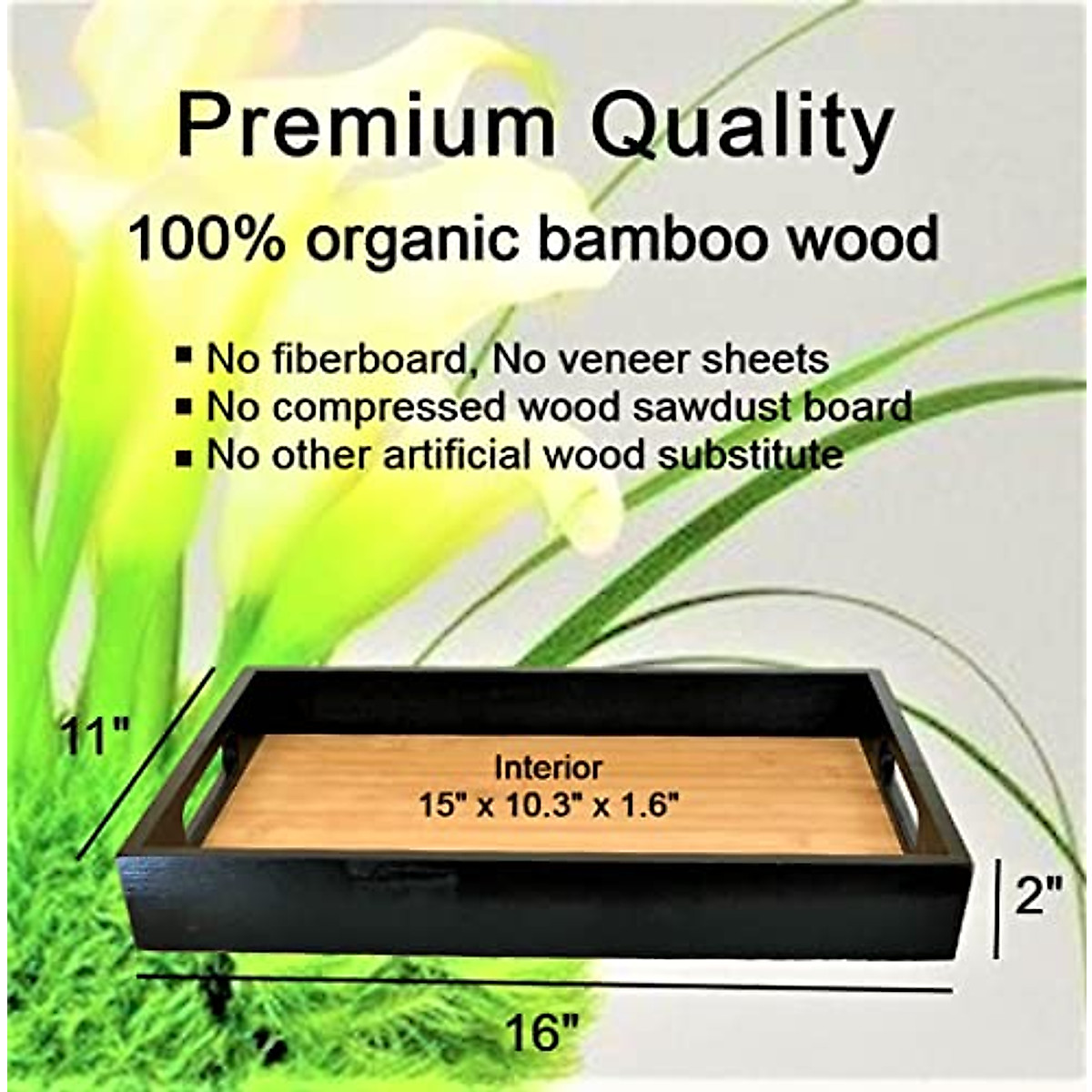 Bamboo Serving Tray with Handles (16" x 11" x 2") – Wood Serving Tray - Coffee Table Tray - Ottoman Tray - Decorative Display Tray In Black & Natural
