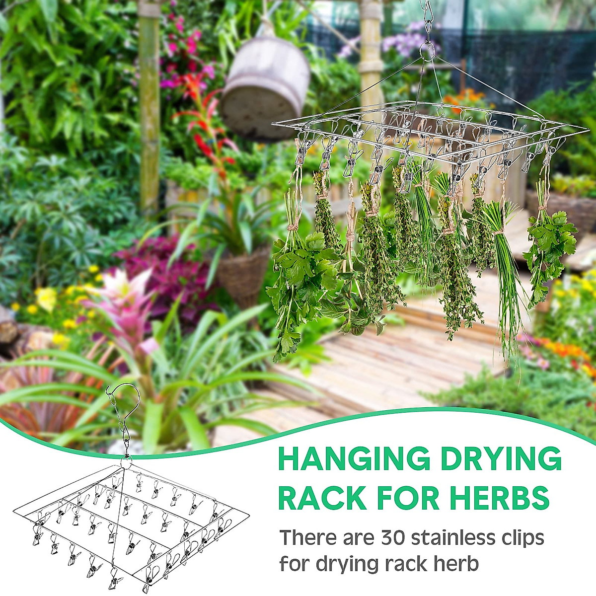 Bokon 4 Pcs Hanging Drying Rack for Herb Macrame Flower Drying Rack with 30 Stainless Clip Herb Dryer Hooks for Drying Herb Air Plants Spices Flowers Hydroponic Plants-Ready to Use with Ceiling Hook